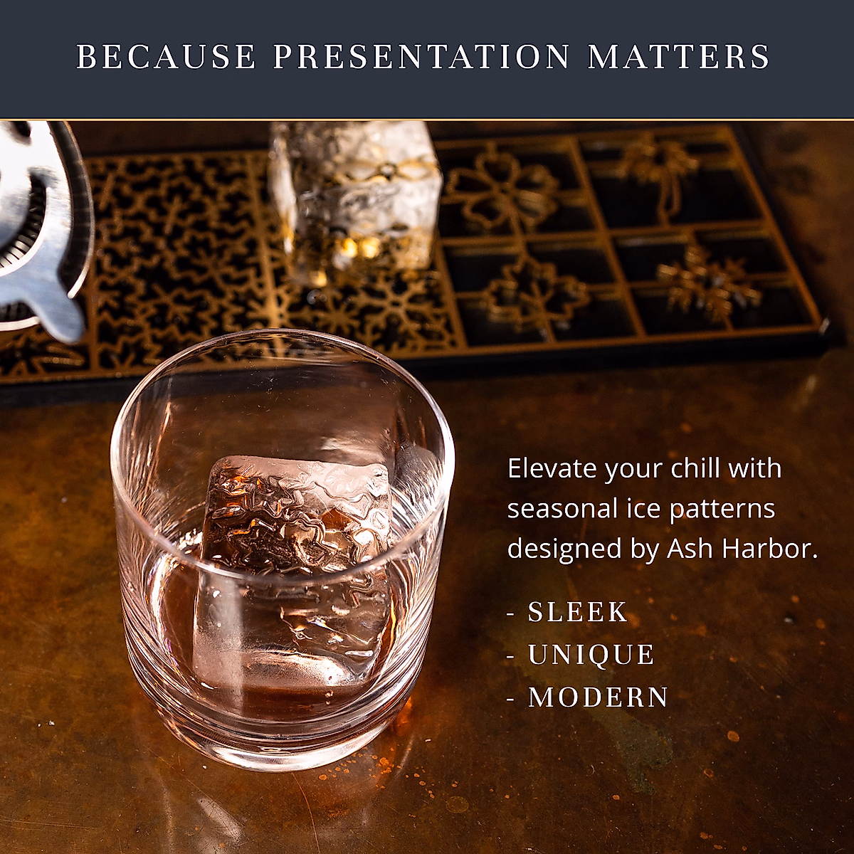 Clear Ice Cube Maker Design Tray - Craft Modern Ice Molds for Bourbon & Cocktails in 5 Seconds - Whiskey Mold Cube Stamp – Bartender Accessories - Copper Ice Press Cocktails by Ash Harbor (Seasons)