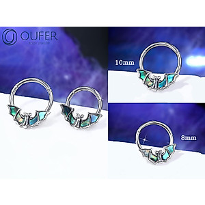 OUFER 16G Septum Rings Hoops, 316L Stainless Steel Septum Piercings, Black Bat Design Cartilage Earrings, Helix Conch Daith Piercing Jewelry for Women and Men-10MM