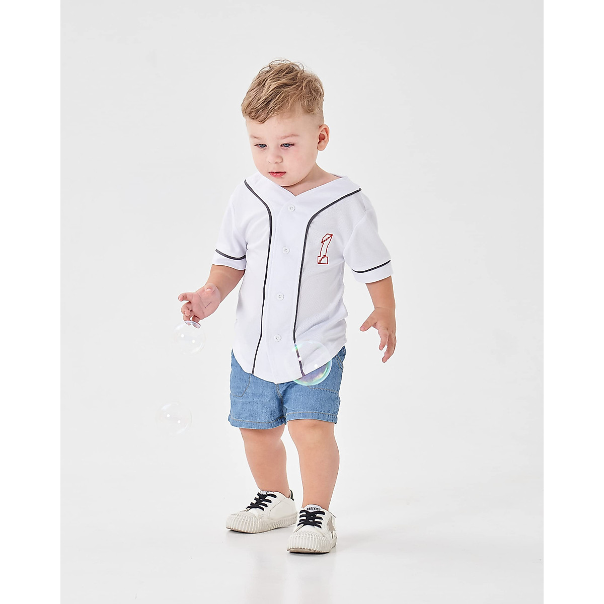 Toddler Baseball 1st Birthday Shirt Baby Boy Rookie of The Year One Year Old Gift V Neck Shirt Button Tee (White 1,12 Months,12 Months,US,Age,Toddler,Male)
