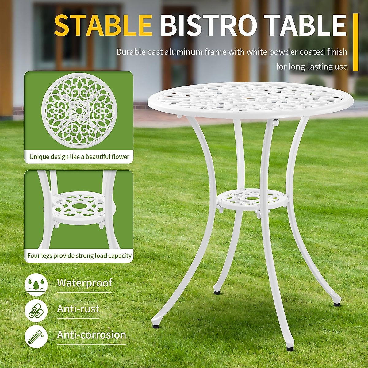 Withniture Patio Bistro Sets, Cast Aluminum Bistro Table and Chairs Set of 2 with Umbrella Hole, Bistro Set 3 Piece Outdoor, Metal Patio Furniture Set for Garden Porch, White