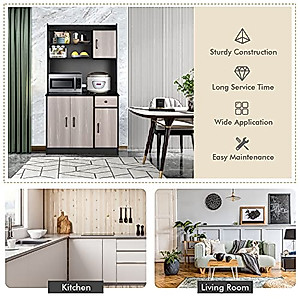 COSTWAY Freestanding Buffet with Hutch, Kitchen Pantry Storage Cabinet with 5-Position Adjustable Shelves, Kitchen Buffet Cabinet with Open Shelves, Doors and Drawer for Home (Black)