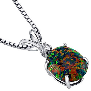 PEORA 14K White Gold Created Black Opal with Genuine Diamond Pendant for Women, Elegant Solitaire, Oval Shape, 10x8mm, 1 Carat total