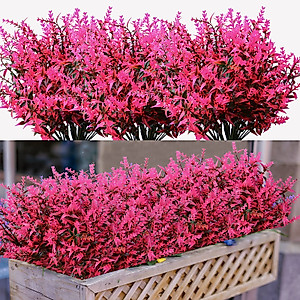 Gormiya 10pcs Outdoor Artificial Lavender Flowers UV Resistant Plastic Fake Lavender Purple Plants Faux Greenery Hanging Floral Arrangement for Window Box Garden Backyard Porch Home (Pink)
