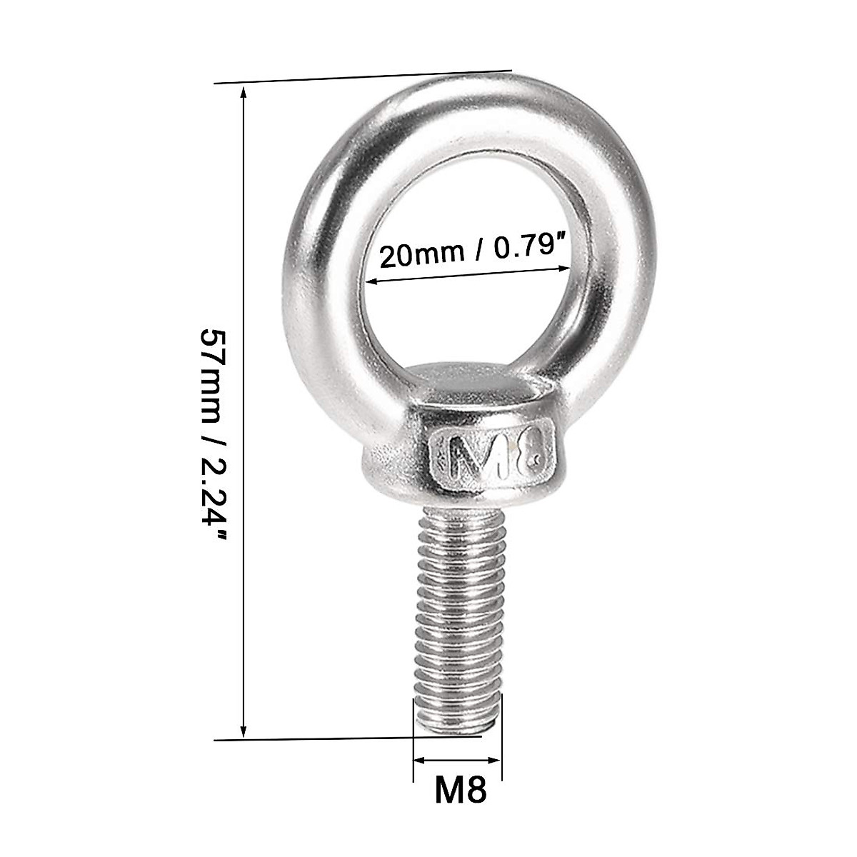 uxcell Lifting Eye Bolt M8 x 20mm Male Thread 304 Stainless Steel for Hanging, Pack of 2