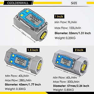 CGOLDENWALL 1.5 Inch Turbine Flow Meter LCD Digital Display Flowmeter with 1.5" Inlet/Outlet, Flowmeter for Diesel Kerosene Gasoline, Flow Rate Range 10-73.5 GPM