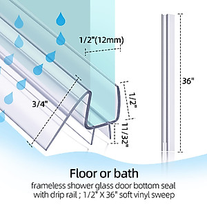 1 Pack Shower Door Bottom Seal POZIA-36(914mm) Long,1/2"(12mm) Thick,Frameless Glass Shower Door Seal Strip Clear Polycarbonate Durable Stop Shower Leaks and Create a Water Barrier Ultra Clear
