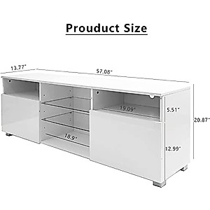 SUSSURRO LED TV Stand for 60/65 inch TV, Television Table Center Media Console with Drawer and Led Lights, High Glossy Modern Entertainment Center for Living Game Room Bedroom, White