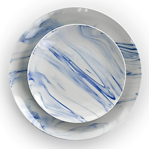 Elama Fine Round Gloss Dinnerware Dish Set, 16 Piece, Blue and White Marble