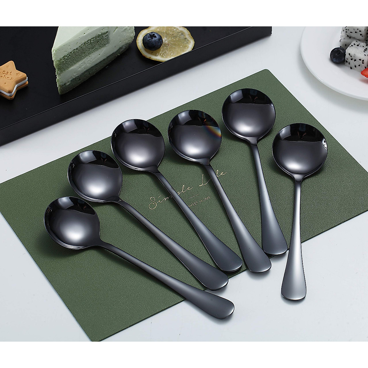 Black Soup Spoons, Kyraton 6 Pieces Stainless Steel Round Spoons With Black Titanium Plating, Black Dinner Spoon Table Spoon, Spoons Silverware Dishwasher Safe Set of 6
