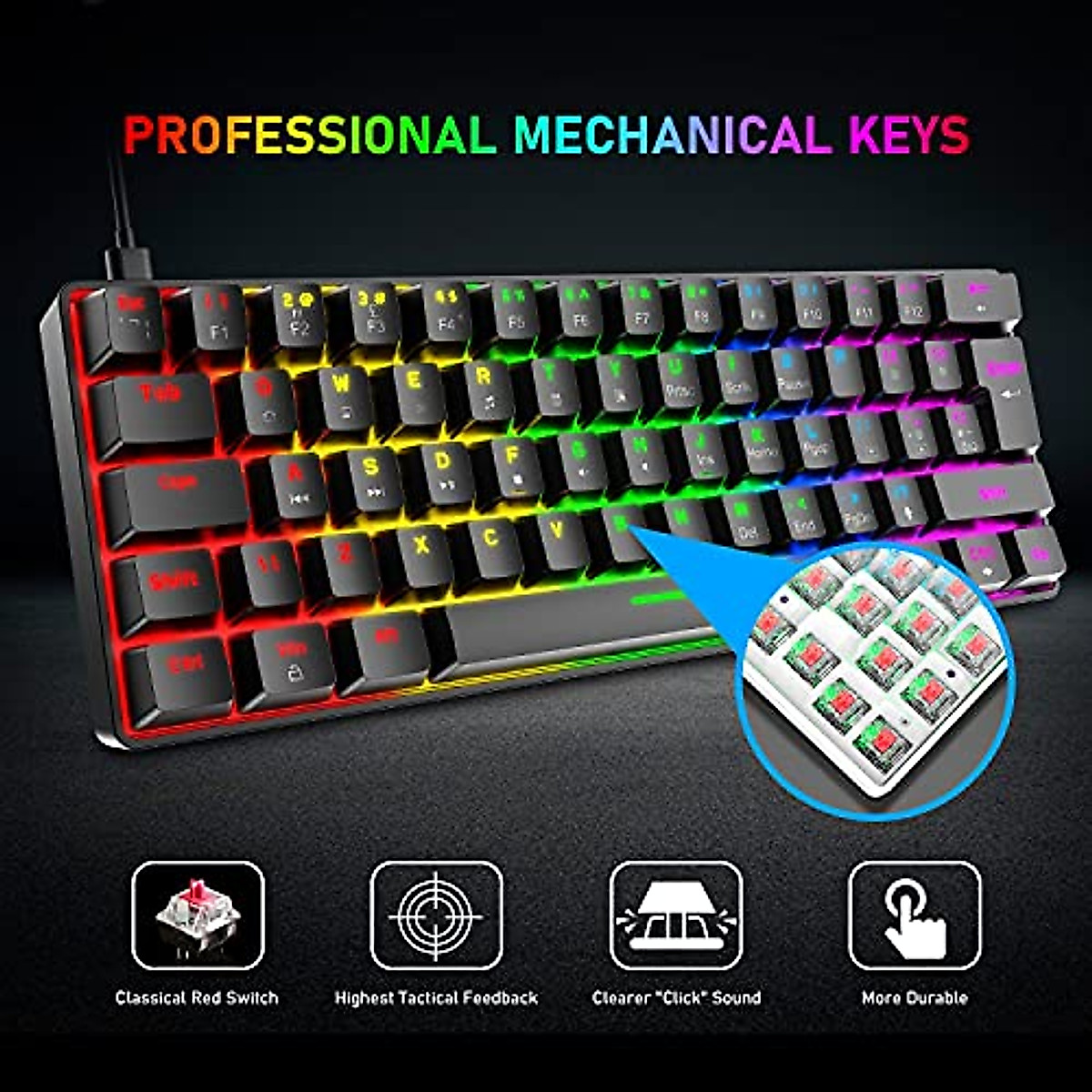 60% Wired Mechanical Gaming Keyboard and Mouse Combo,Ultra-Compact Mini 62 Keys,Type C Chroma 20 Rainbow Backlit Effects,RGB Backlit 6400 DPI Lightweight Gaming Mouse with Honeycomb Shell for PC/Mac