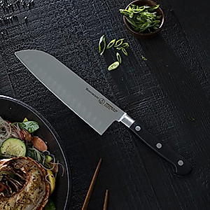 Messermeister Meridian Elite 7” Kullenschliff Santoku Knife - Japanese Chef’s Knife - German Steel Alloy Blade - Rust Resistant & Easy to Maintain