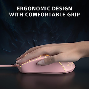 MageGee G6 Wired Gaming Mouse, Ergonomic USB Optical Mouse with 7 Colors Breathing LED Backlit, 6 Adjustable Speed Levels from 600 to 3200 for Laptop PC Computer Games & Work, Pink