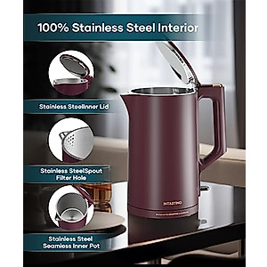 INTASTING Electric Kettle for boiling water Double Wall 100% Stainless Steel Inner 1500W Fast Heating 1.5L Hot Water Boiler Auto Shut-Off & Boil Dry Protection BPA-Free Electric Tea Kettle Red