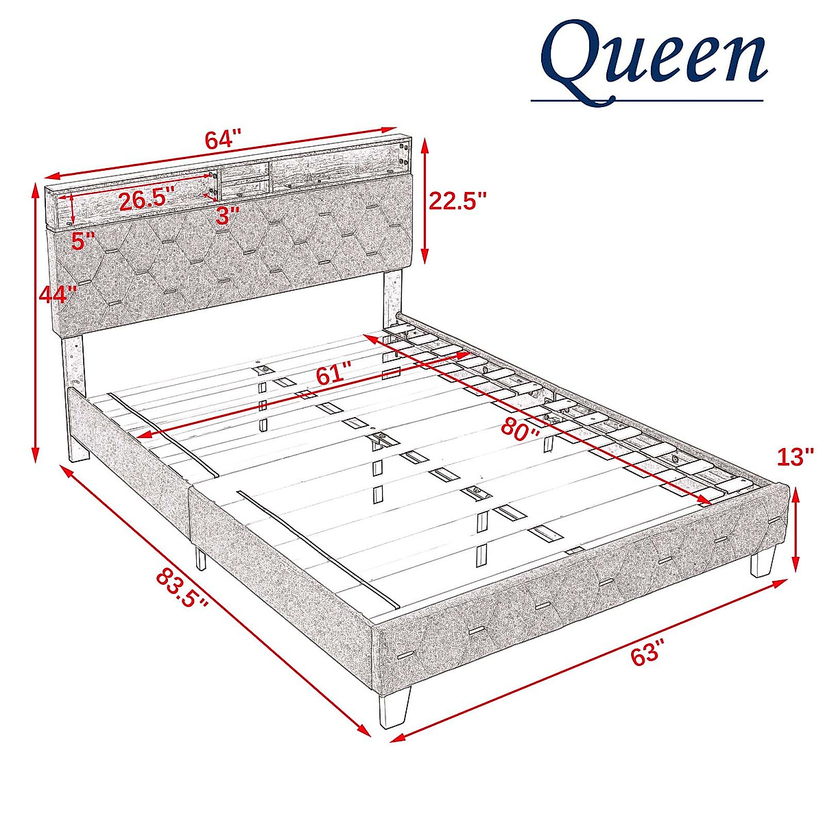 Queen Size Bed Frame with Shelf Storage & Upholstered Headboard, Upholstered Platform Bed Frame with USB Port, No Box Spring Needed, Sturdy Wood Slats for Family Bedroom Apartment (Beige, Queen)