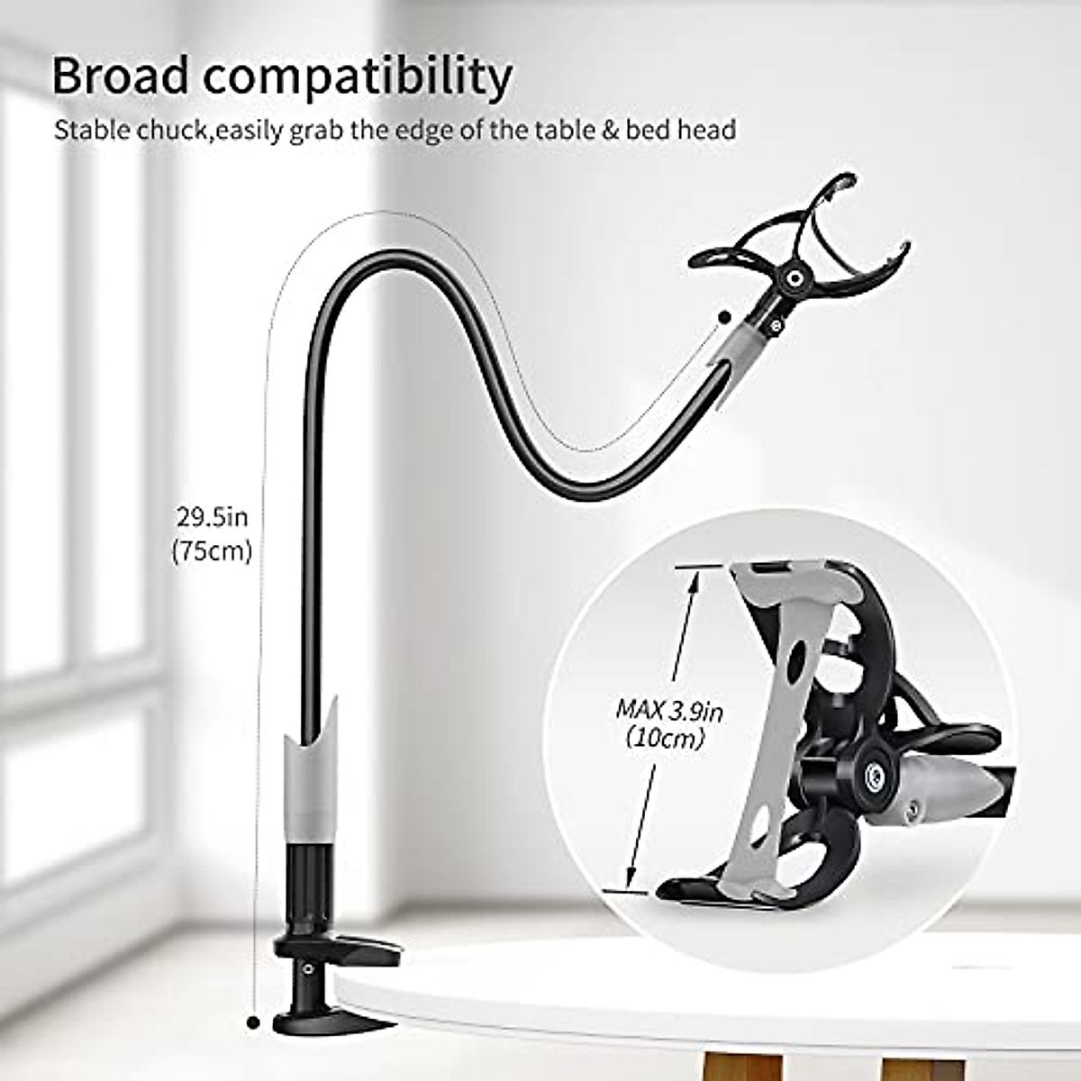 SAIJI Gooseneck Bed Phone Holder, Flexible Long Arm Phone Mount for Desk, Clip Bracket Clamp Stand for 4.0-6.5'' Mobile Cell Phone Stand Document Camera Nintendo Switch (Black)