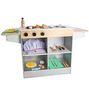 Hibachi Grill Wooden Kids Playset w/ Stools, Table Settings and Over 25 Toy Food Pieces - Noodles, Tongs, Meats, Veggies - Everything Your Little Chef Needs for Pretend Play Indoor Japanese Restaurant