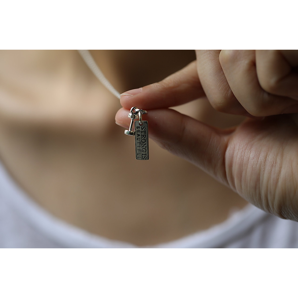 Sterling Silver Necklace "Strong Is Beautiful" Engraved Dumbbell Barbell Gym Buff Pendant Necklace 18"