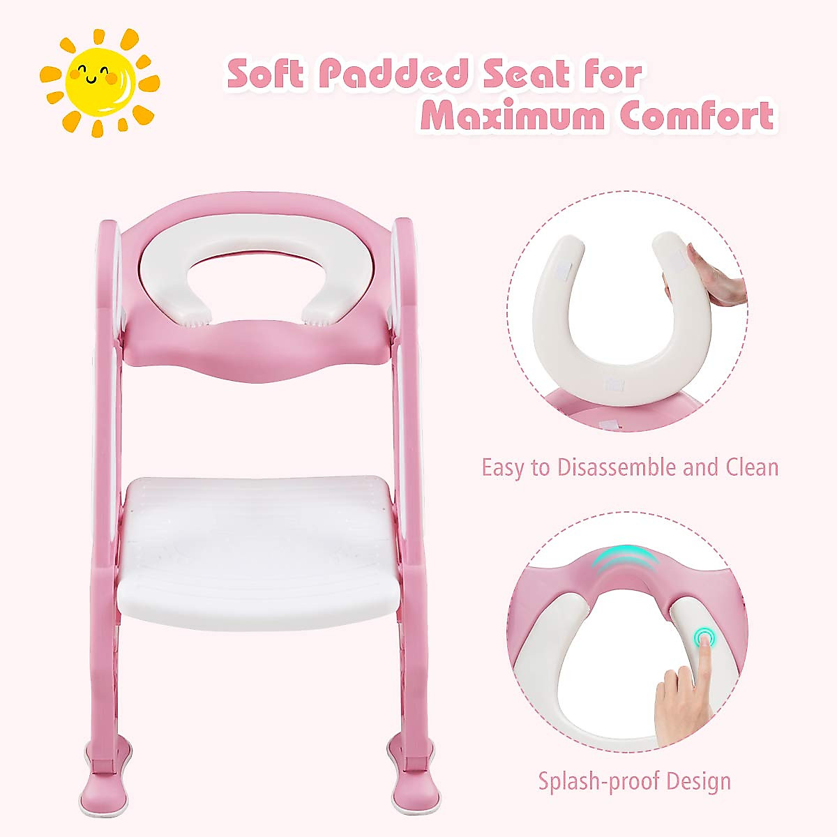 BABY JOY Kids Portable Potty Training Toilet Seat w/Step Stool Ladder, Foldable and Adjustable Toddler Toilet Training Seat Chair for Boys Girls Toddlers, Non-Slip Pads and Soft Cushion Seat (Pink)