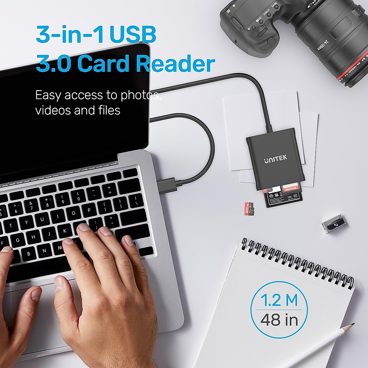 Unitek USB Card Reader 3-Slot USB 3.0 Compact Flash Card Reader, Read 3 Cards Simultaneously, Aluminum Memory Card Adapter CF, TF, SDXC, SDHC, SD, Micro SDXC, Micro SD, Micro SDHC- 4FT (Black)