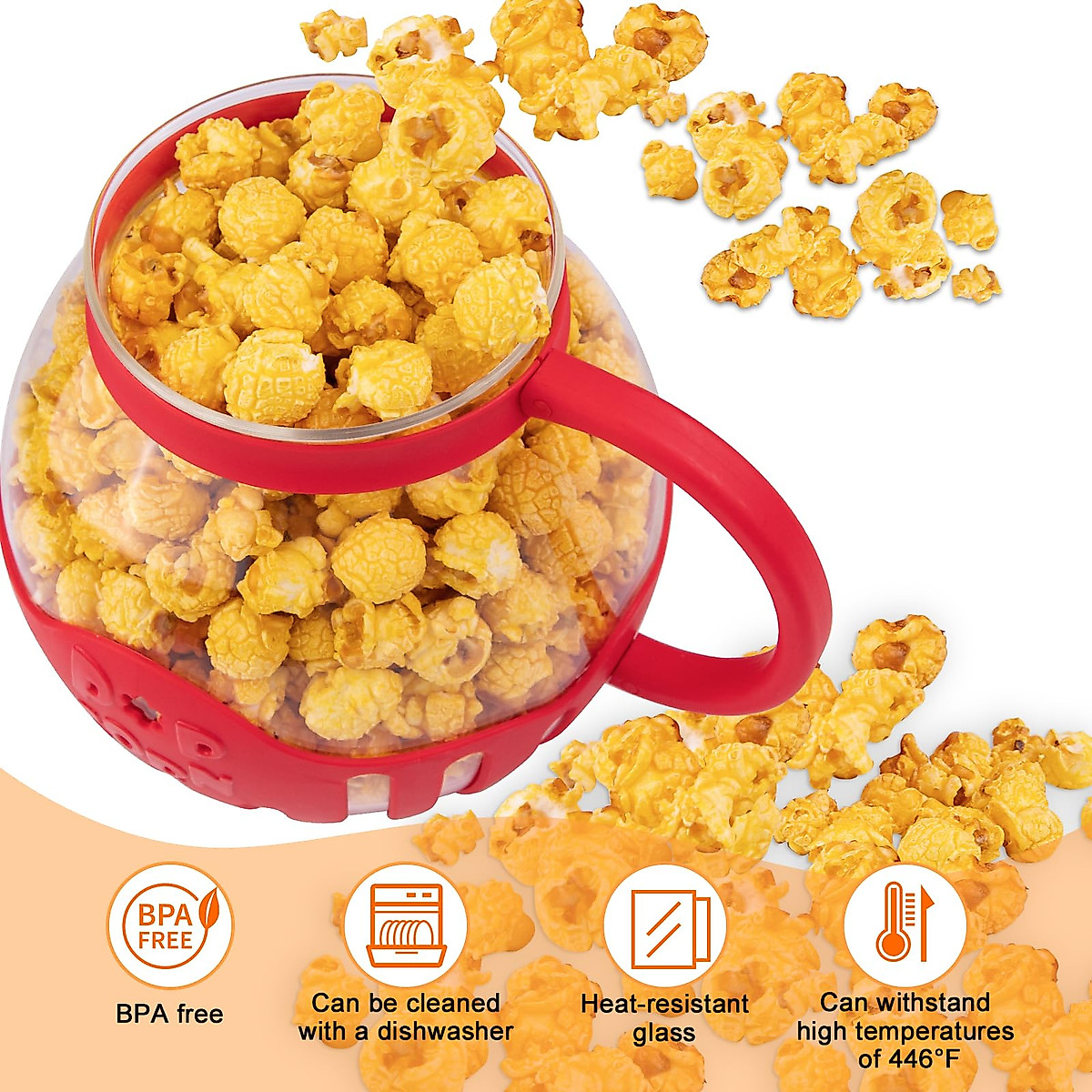 WURJEEIK Glass Microwave Popcorn Popper with 3-in-1 Multifunctional High Temperature Resistant Glass Popcorn Jar Silicone Lid for Family Party Red 1 pack