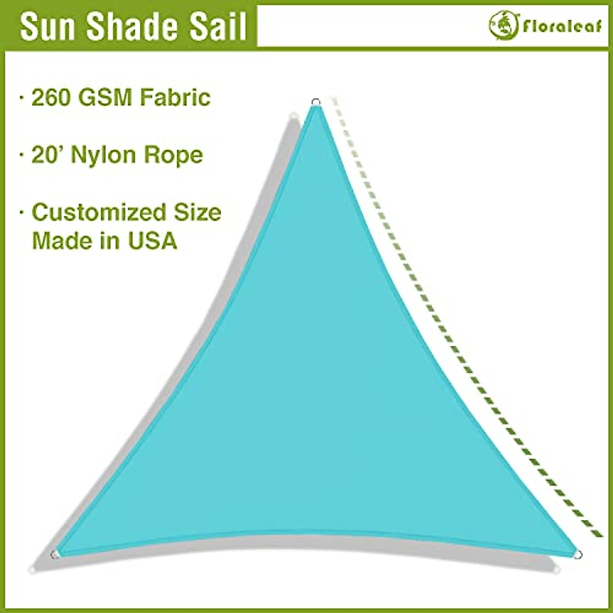 FLORALEAF Sun Shade Sail 16'x16'x16' Equilateral Triangle Terylene UV Block Waterproof Canopy Awning for Patio Backyard Lawn Garden Outdoor Activities, Turquoise