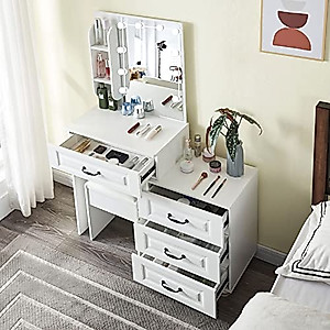 JBLCC Makeup Vanity Table with Lighted Mirror,Makeup Vanity with Power Outlet and Drawers, Storage Shelves, Vanity Desk for Woman Girls, White (5951USB)