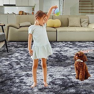 Luxury Shag Area Rug, 5X8 Ft Indoor Ultra Soft Plush Rugs for Living Room, Carpet for Teens Dorm Nursery Home Decor Aesthetic, Upgrade Anti-Skid Durable, Tie Dye Black and Grey