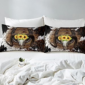 Castle Fairy Bull Head Cowhide Bed Sheet Set for Kids Boys Adults,Rustic Horseshoe Western Tropical Sunflowers Cow Print Fitted Sheet Set Queen 3 Pcs,Western Farmhouse Style Soft Microfiber Sheet Set