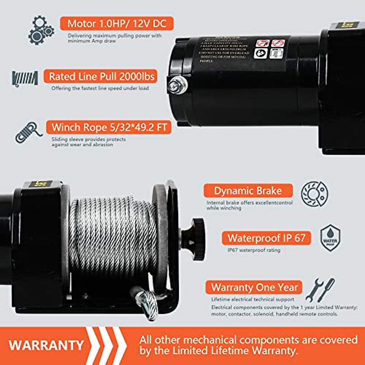 Auraroad Electric Winch 2000 lb, 12V DC ATV UTV Electric Winch with Wireless Remote, Steel Rope Waterproof Towing Winch Kit