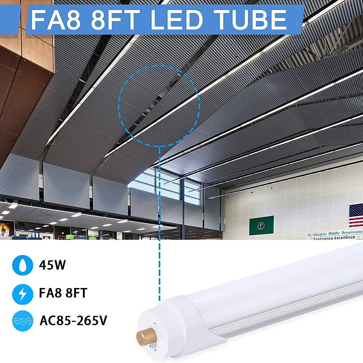 ONLYLUX 8ft LED Bulbs,12 Pack 96" 45W FA8 Single Pin LED Tube Lights 5400LM, 6000k, Milky Cover, F96T12 Bulb Fluorescent Replacement, Ballast Bypass