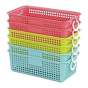 Leendines Plastic Office Desktop Storage Basket, 6 Packs Small Colored Baskets