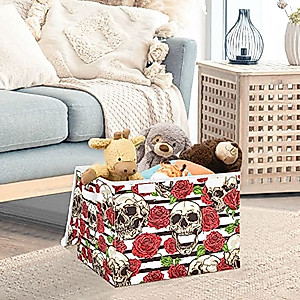 innewgogo Skulls Red Roses Storage Bins with Lids for Organizing Closet Organizers with Handles Oxford Cloth Storage Cube Box for Dog Toys