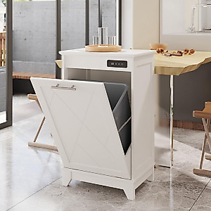 FiveWillowise Tilt Out Trash Cabinet, Kitchen Trash Can Cabinet w/Negative ion and deodorizing Function, Dog Proof 20 Gallon Garbage Can Cabinet for Kitchen, Bathroom, Living Room, White