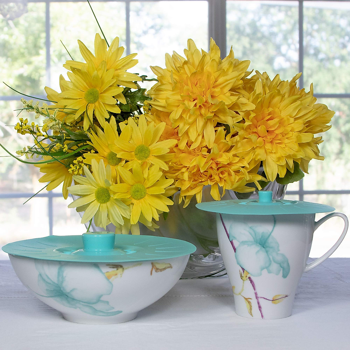 Silicone Lids Extra Large Teal Set of 6 Sturdy Suction Seal Covers. Universal fit for Pots, Fry Pans, Cups, and Bowls 5" to 12". Natural grip handles interlock for easy use and storage. Food Safe.