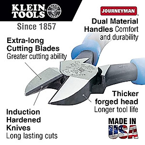 Klein Tools J2000-59 Pliers, Diagonal Cutting Journeyman Pliers with High-Leverage Design, Larger Head and Extra Long Blades, 9-Inch