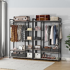 FreeStanding Clothing Rack Heavy Duty Closet Organizer with Shelves, 2 Fabric Drawers and 6 Hooks Clothes Wardrobe Closet Storage Rack,GREY
