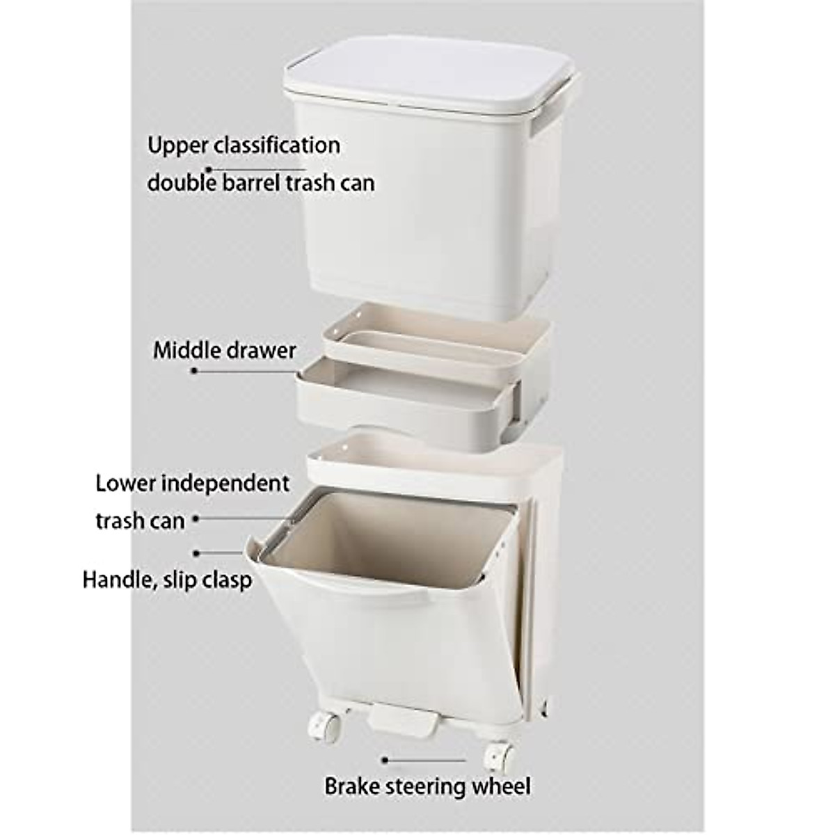 taimowei 42L Waste Bin Trash Can Dustbins Wheel Pedal Type with Lid 3-Layer Paper Basket Kitchen 42X28.2X112.2CM
