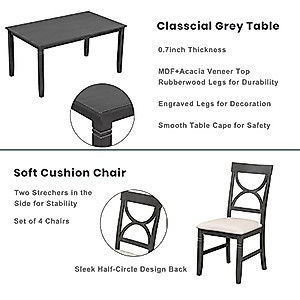 WOZNLA Room 6-Piece Farmhouse Dining Set | Rustic Wood Table with Cushioned Chairs, Bench, and Sturdy Base | Family-Friendly Kitchen Furniture | Comfortable Seating for Memorable Meals, Gray