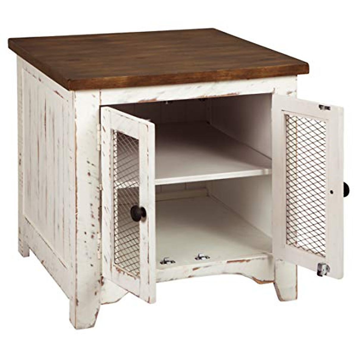 Signature Design by Ashley Wystfield Farmhouse End Table with Storage, Distressed White & Brown Finish