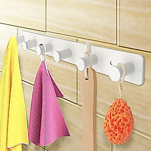 AJLTPA Coat Rack Wall Mounted, White Coat Hooks Adhesive & Screw in, Stainless Steel Door Hooks for Hanging Hat Towels Clothes, Hook Rail with 6 Round Hangers