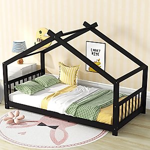 Montessori Floor Bed Frame Twin Size, Twin Floor Bed Frame with Headboard, Footboard and Slats, Wood Montessori Bed Frame/Montessori House Bed for Kids, Girls, Boys(Espresso)