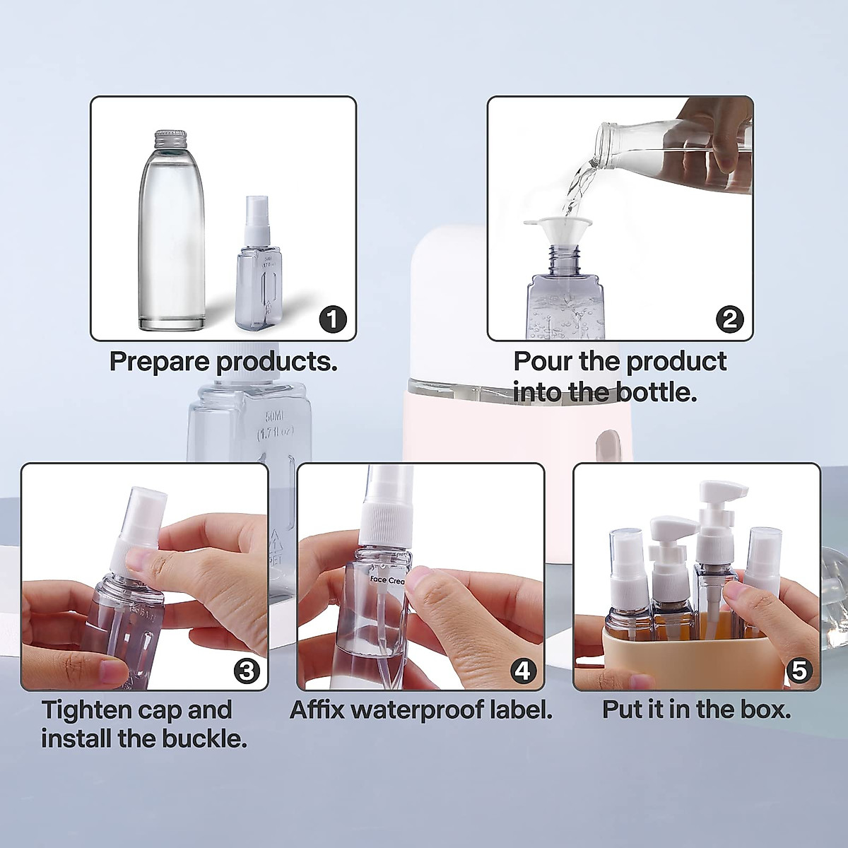 MAGORUI Travel Bottles Set for Toiletries, TSA Approved 4 in 1 Leak Proof Travel Container, Refillable Travel Accessories with Waterproof Label for Business, Personal Travel, Fun Outdoors, Pink