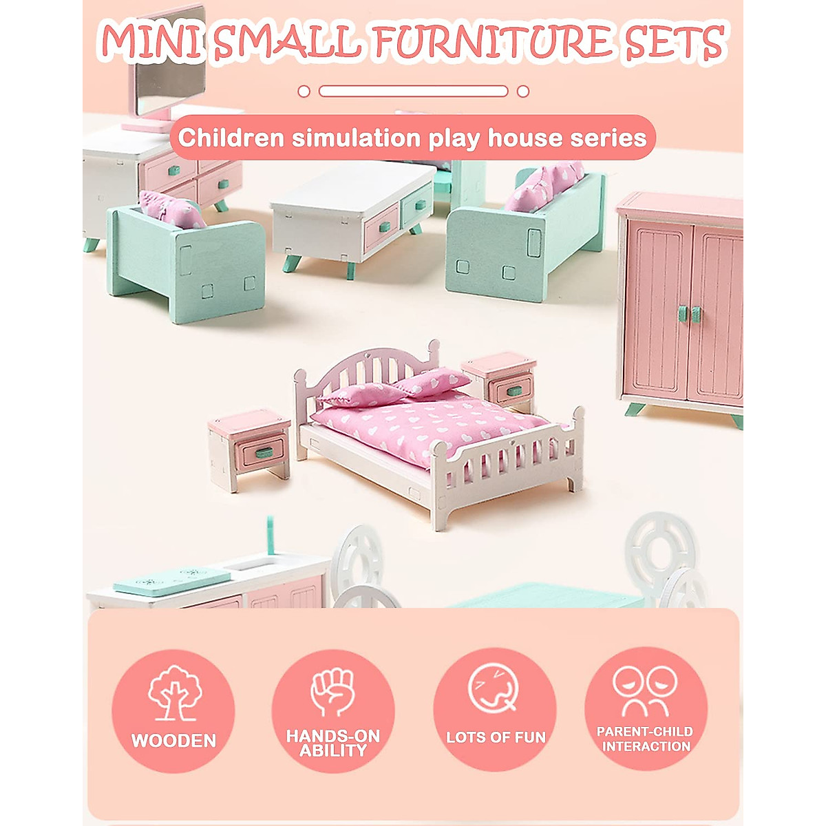 Wooden Dollhouse Furniture Set for Kids Colorful Pretend Play Toys with Wood Miniature Dining Room Doll House Accessories for Girls Boys Role Play Birthday Children's Day (PTD01)