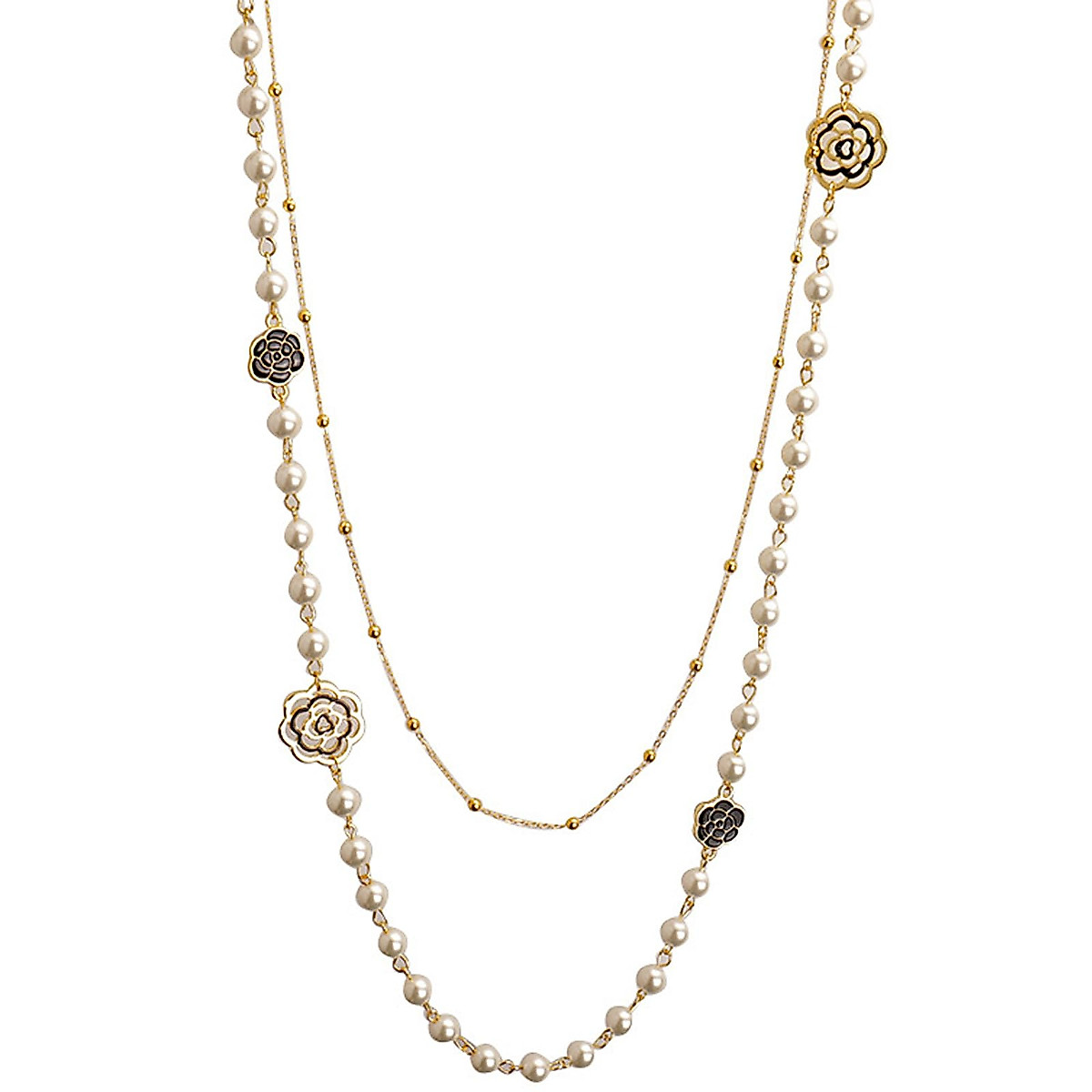 Designer Imitation Pearl Neckalce Camellia Flower Long Double Stranded Necklace Jewelry for Woman Pearl Jewellery