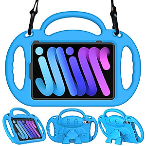 SUPLIK Kids Case for iPad Mini 6 (8.3 inch, 2021), iPad Mini 6th Generation Case with Shoulder Strap, Kidproof Shockproof Handle Stand Protective Case for Apple iPad New Mini (6th Gen), Blue