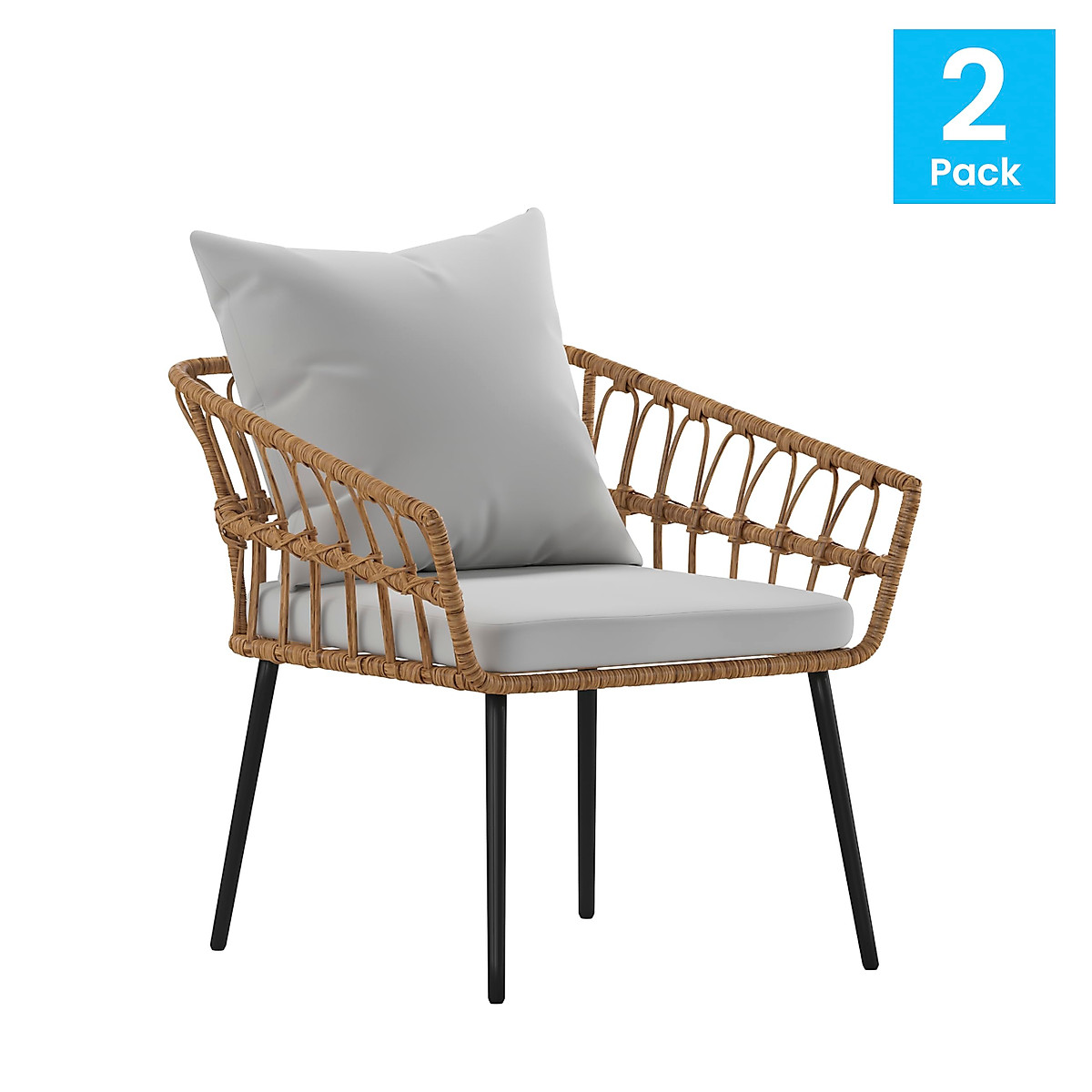 Flash Furniture Evin Set of 2 Boho Indoor/Outdoor Patio Chairs - Natural Finish Faux Rattan Wicker - Gray All-Weather Cushions - Integrated Armrests