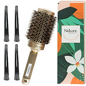 Ndure Beauty Round Hair Brush for Blow Drying, Single Brush with 4 Hair Clips Included, Ceramic & Ionic Tech Hair Brush with Boar Bristles, Round Barrel Brush for Styling, Curling and Straightening