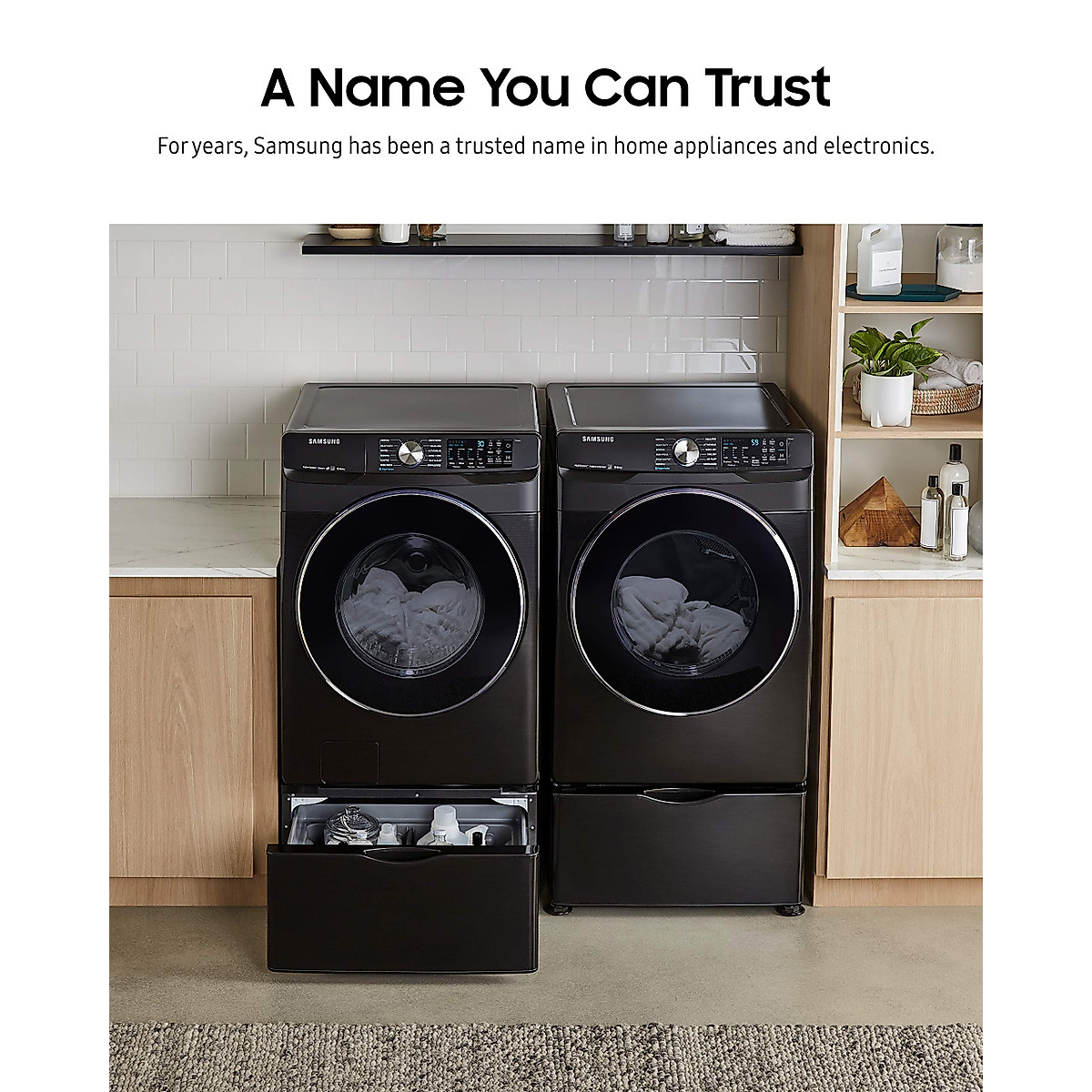 SAMSUNG 27-Inch Washer Dryer Pedestal Stand w/ Pull Out Laundry Storage Drawer, Stainless Steel, WE402NV/A3, Brushed Black