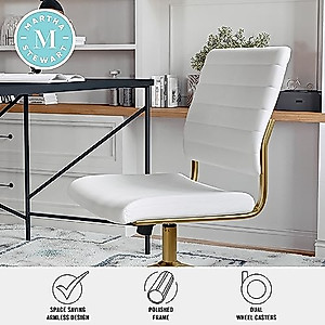 Martha Stewart Ivy Armless Swivel Task Chair for Home Office in White Faux Leather with Polished Brass Frame