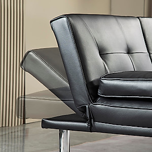 Eafurn Faxu Leather Futon Bed Convertible Folding Couch for Living Room Sectional Sleeper Sofa for Small Space with Cup Holder and Removable Armrest, Black
